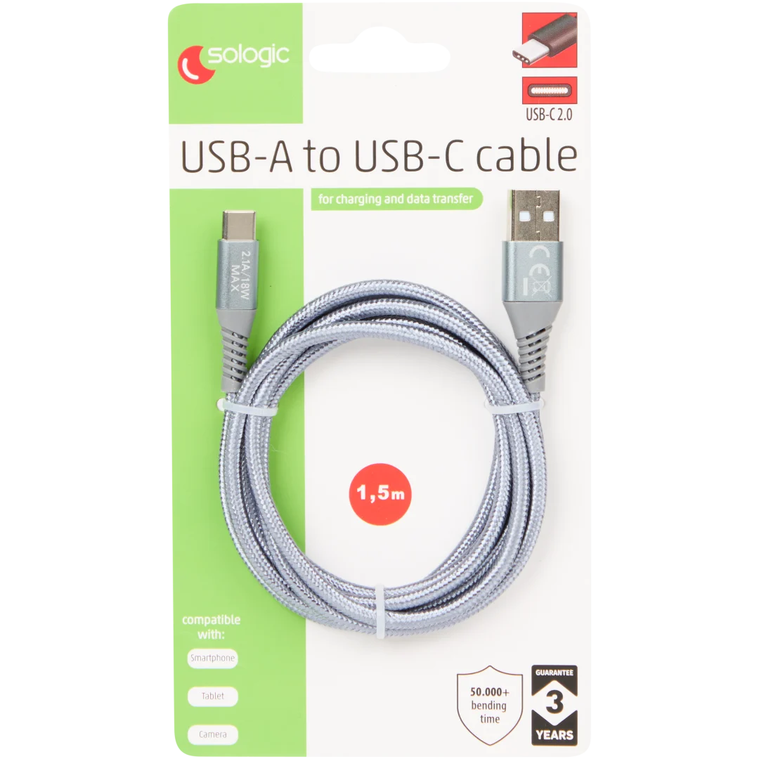 Câble de charge et transfert de données Sologic USB-C 1.5 m | Action FR