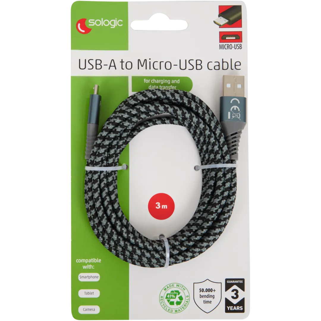 Sologic laad- en datakabel micro-USB 3 m | Action NL