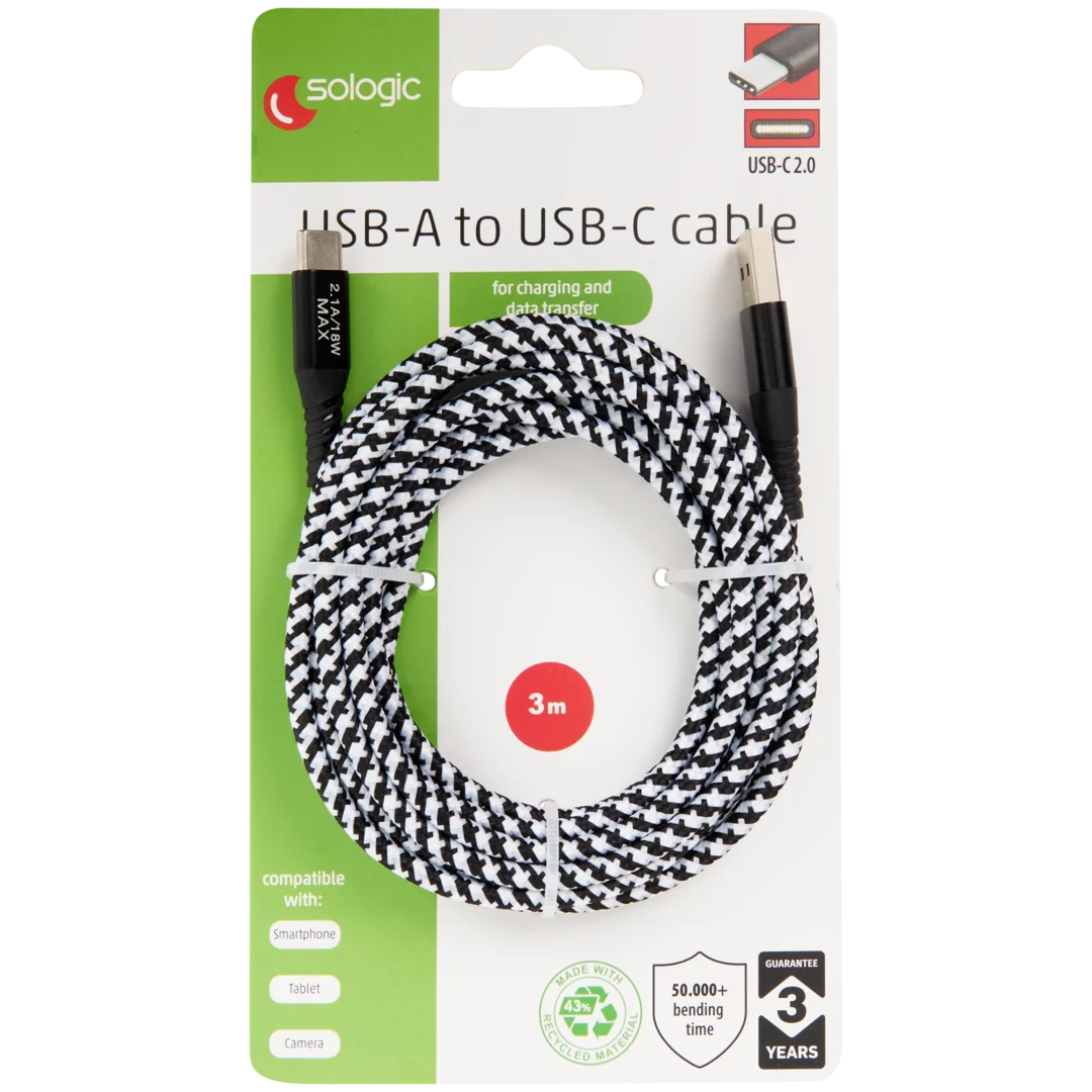 Câble de charge et de données Sologic USB-C 3 m | Action BE